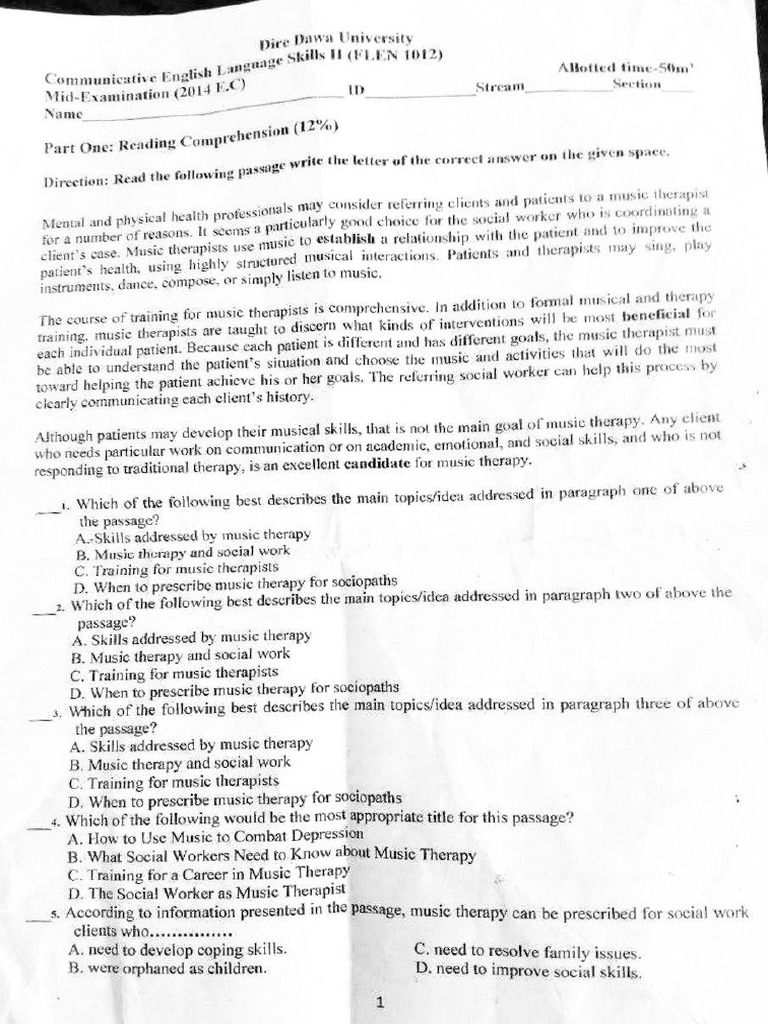 @aconcise English II Mid Exam Dire Dawa Univ 2014 EC | PDF