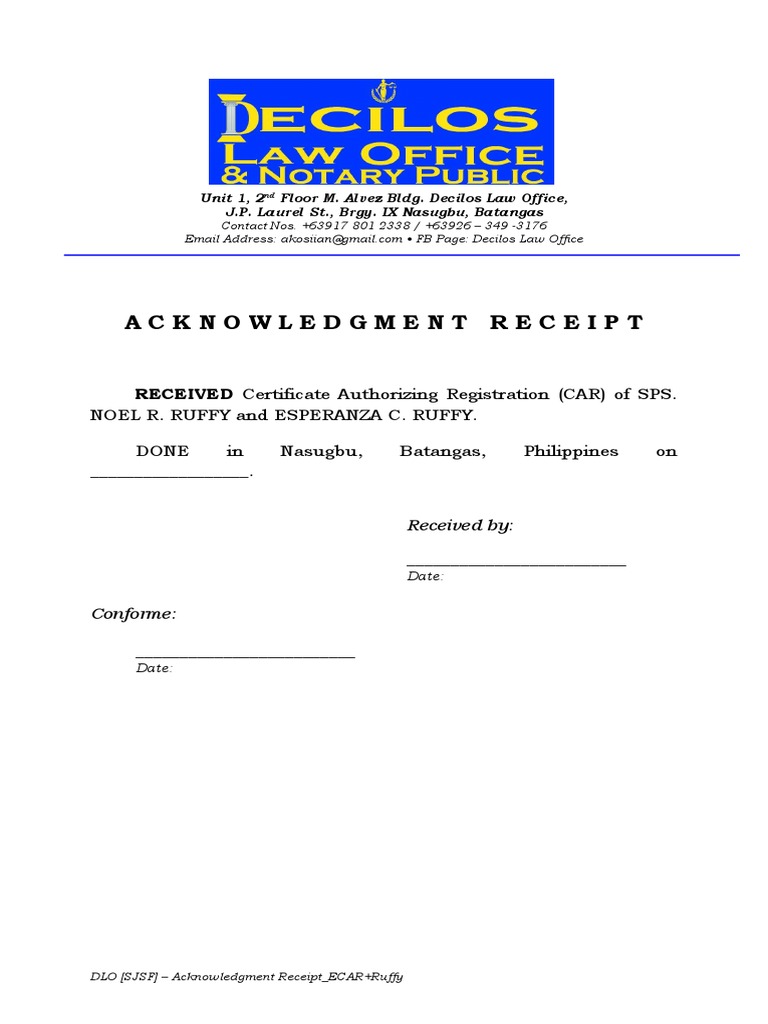 DLO (SJSF) - Acknowledgment Receipt - ECAR - Ruffy | PDF