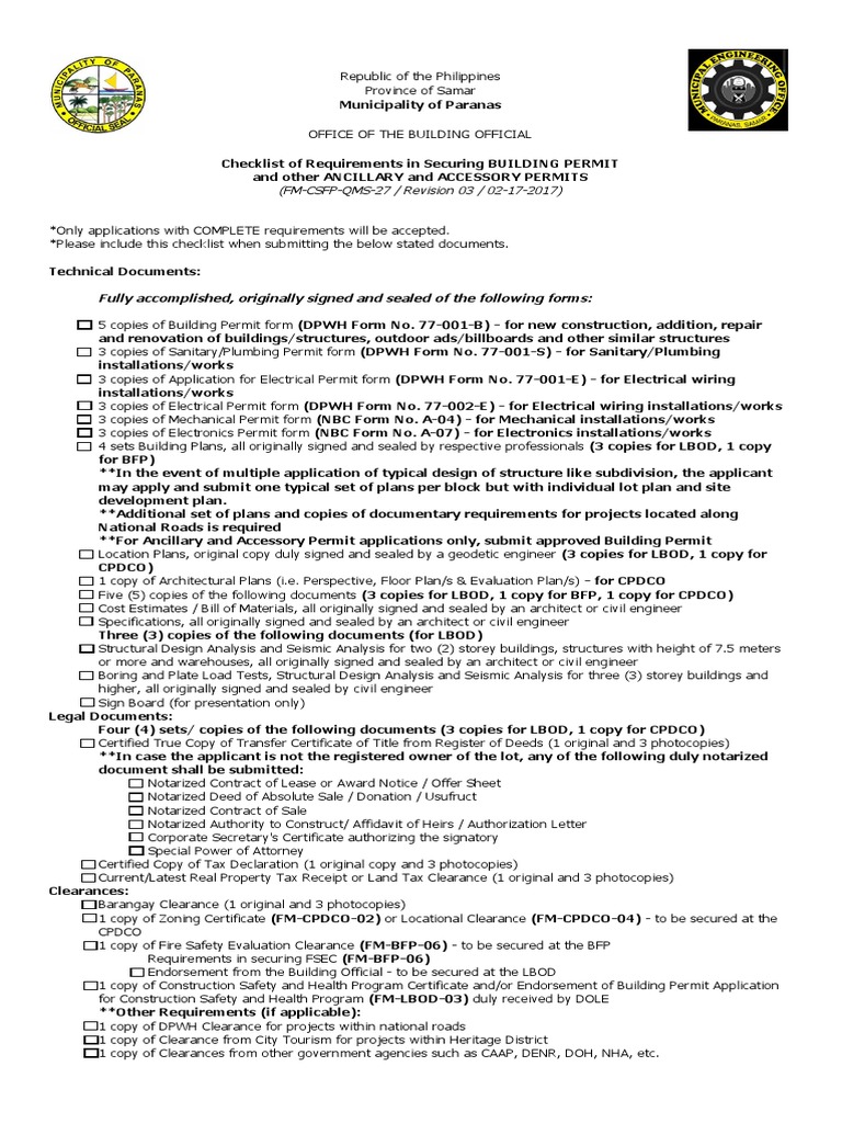 Checklist of Requirements in Securing BUILDING PERMIT and Other ...