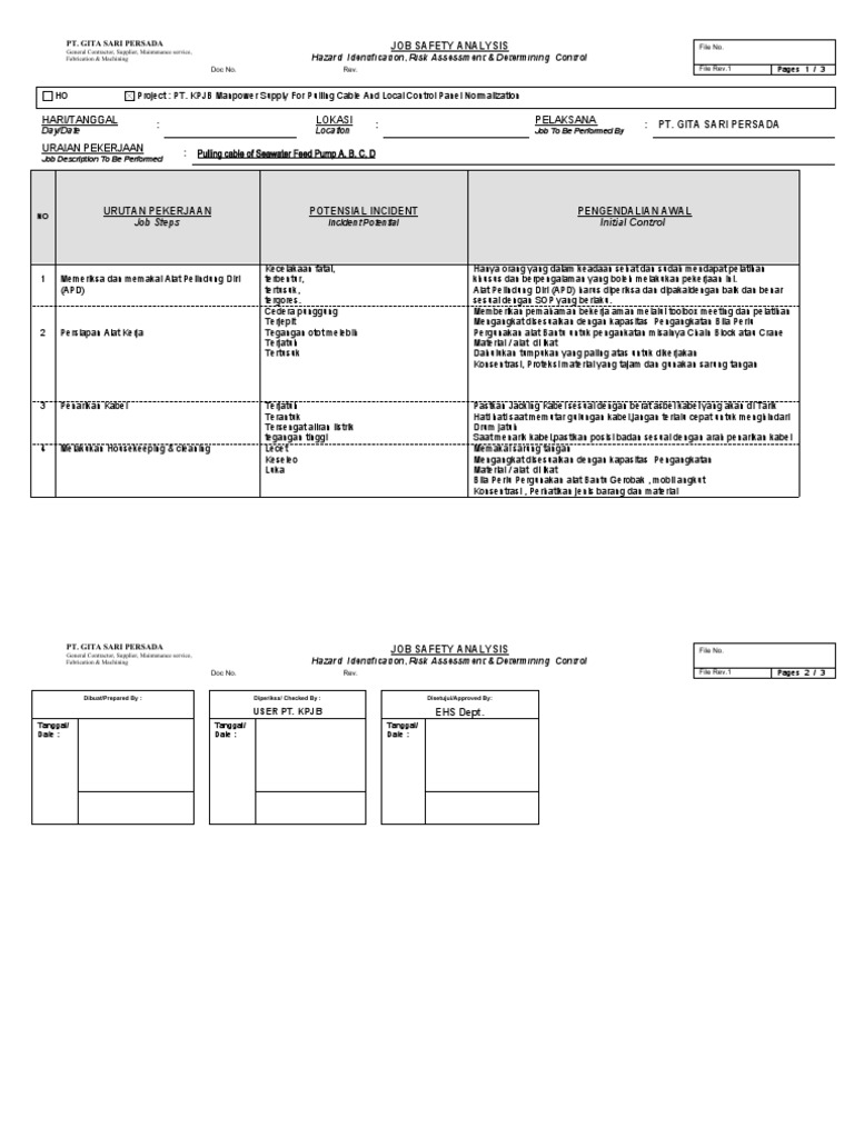 JSA Pulling Cable of Seawater Feed Pump A, B, C, D | PDF