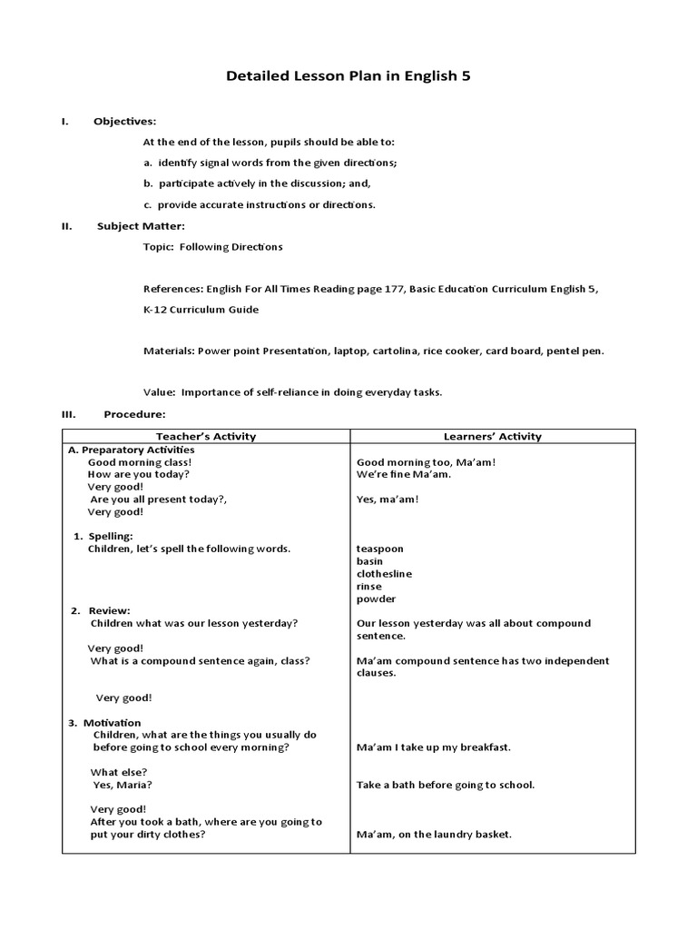 Detailed Lesson Plan in English 5 | PDF | Lesson Plan | Curriculum