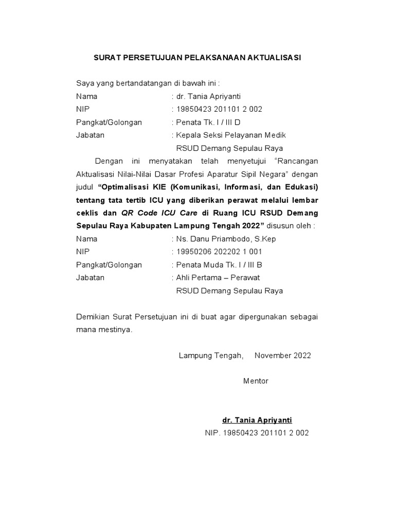 SURAT PERSETUJUAN AKTUALISASI (Dr. Tania, Dr. Indrawan, Pak Yudi) | PDF