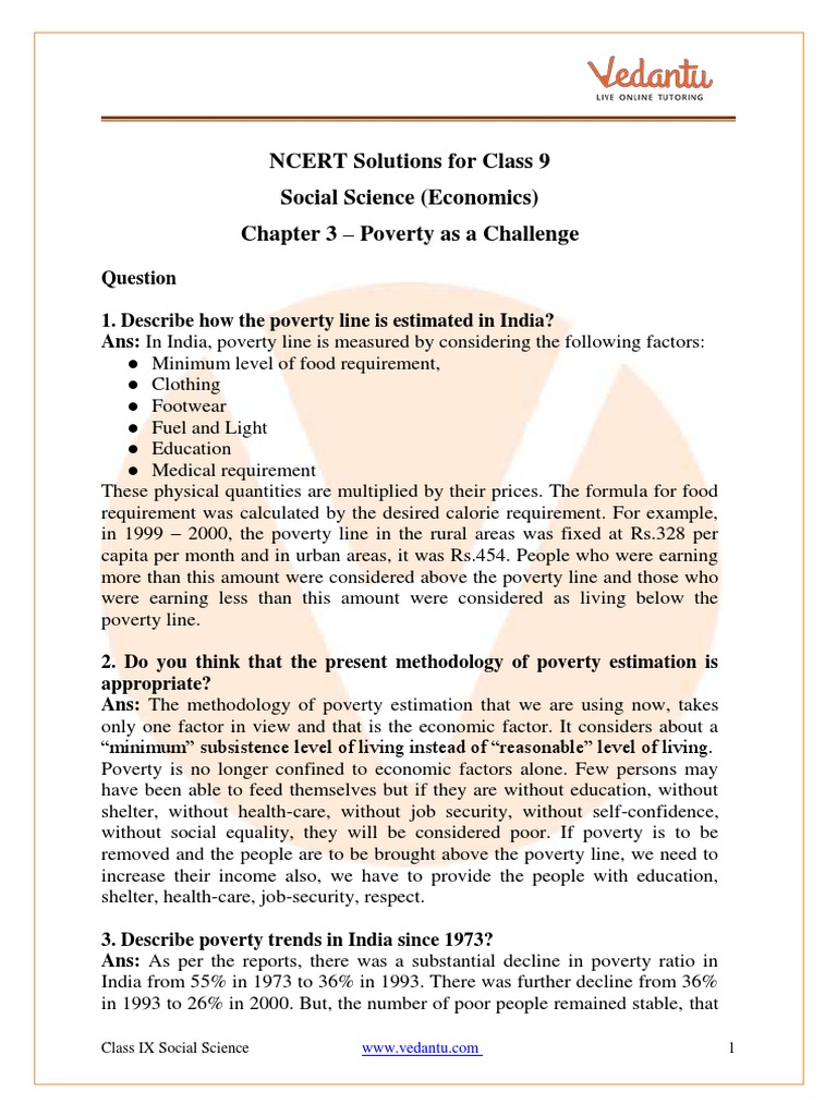 Class 9 Social Science Economics Chapter 3 - Poverty As Challenge | PDF ...