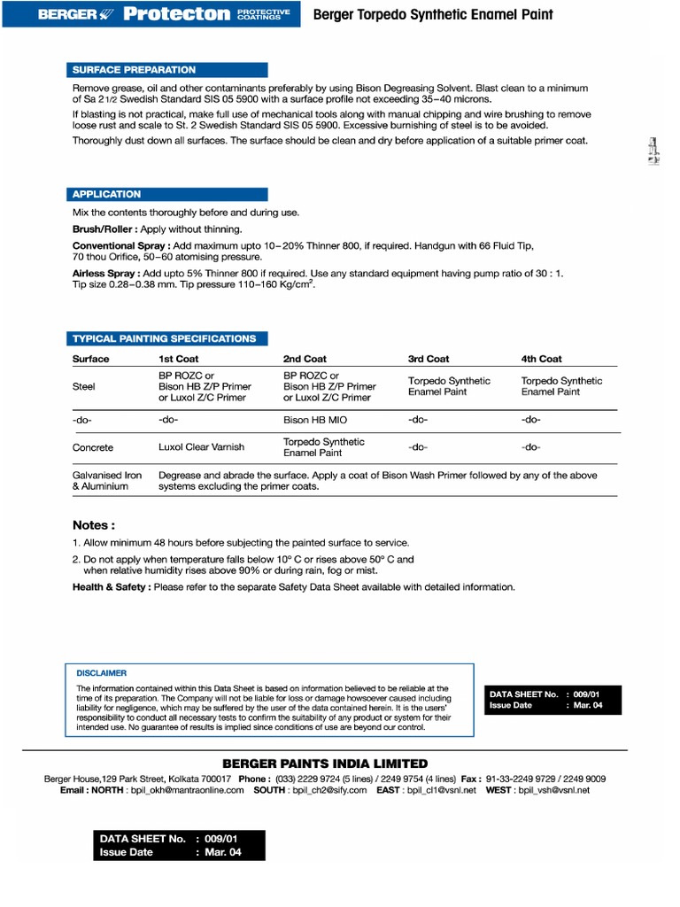 Berger Torpedo Synthetic Enamel Paint | PDF