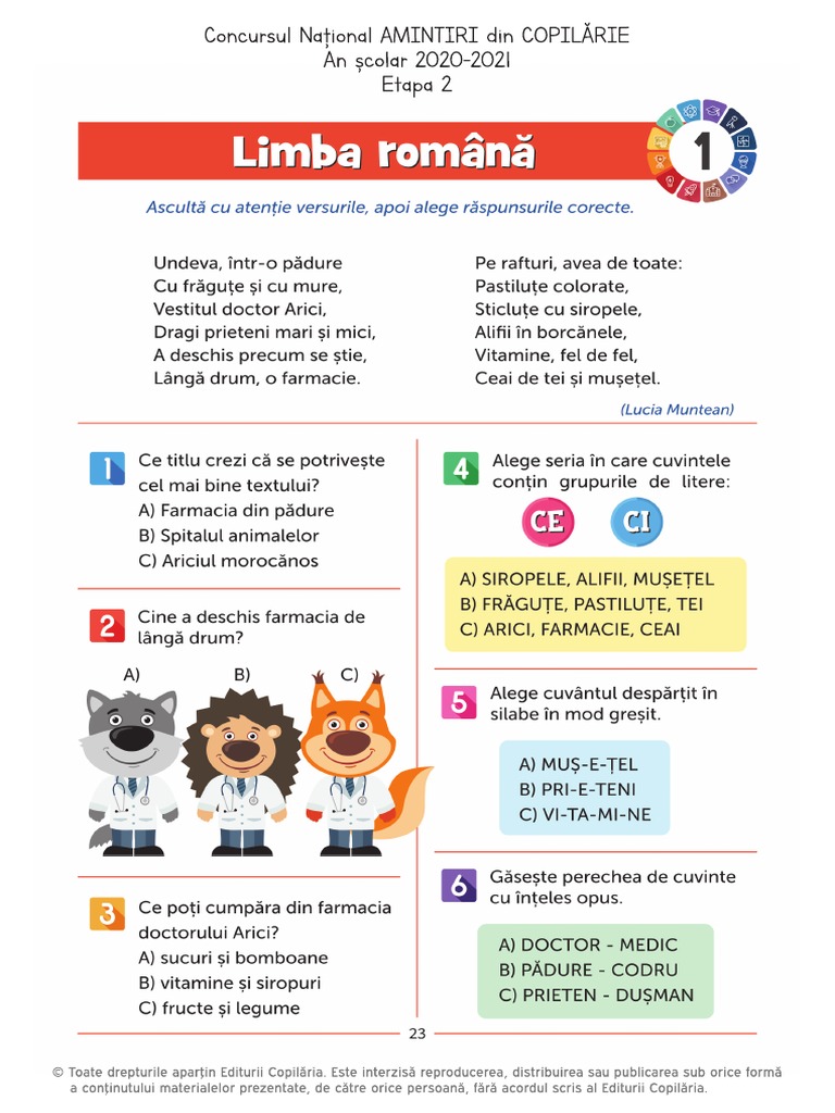 Amintiri Din Copilarie - Etapa 2 (Mar 2021) - Subiect Clasa 1 | PDF