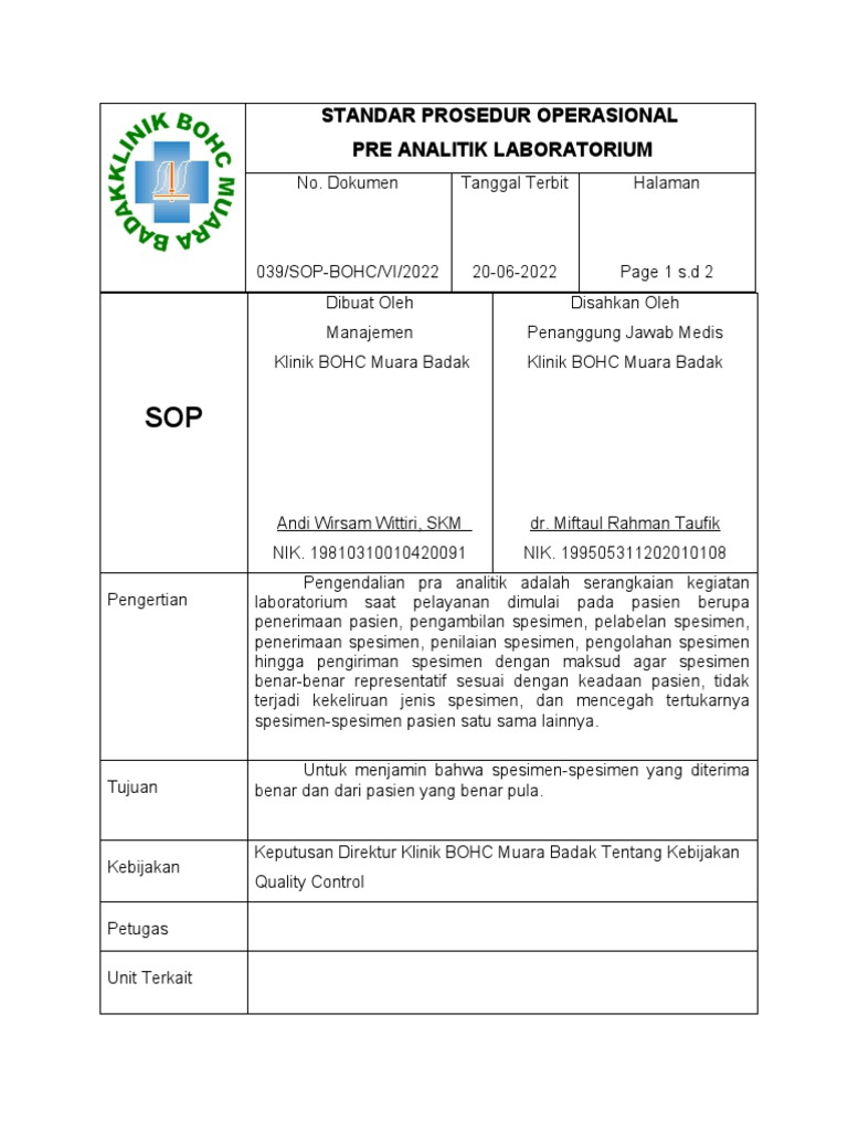 Sop Pre Analitik | PDF