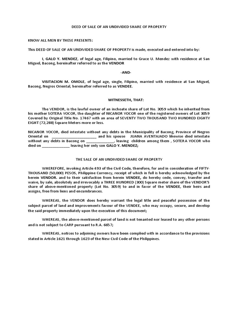 Deed of Sale of An Undivided Share of Property | PDF | Notary Public | Deed Deed of Sale of An Undivided Share of Property | PDF | Notary Public | Deed