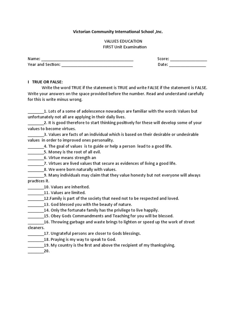 Values Unit Exam I | PDF | Virtue