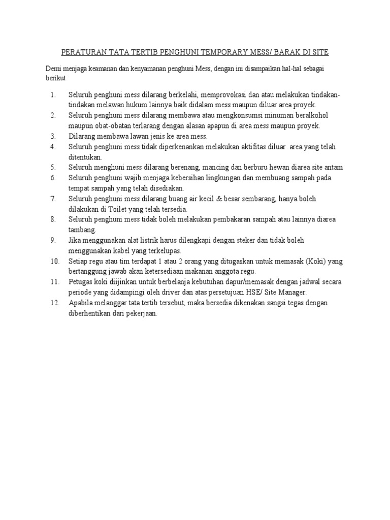 Peraturan Tata Tertib Penghuni Temporary Mess | PDF