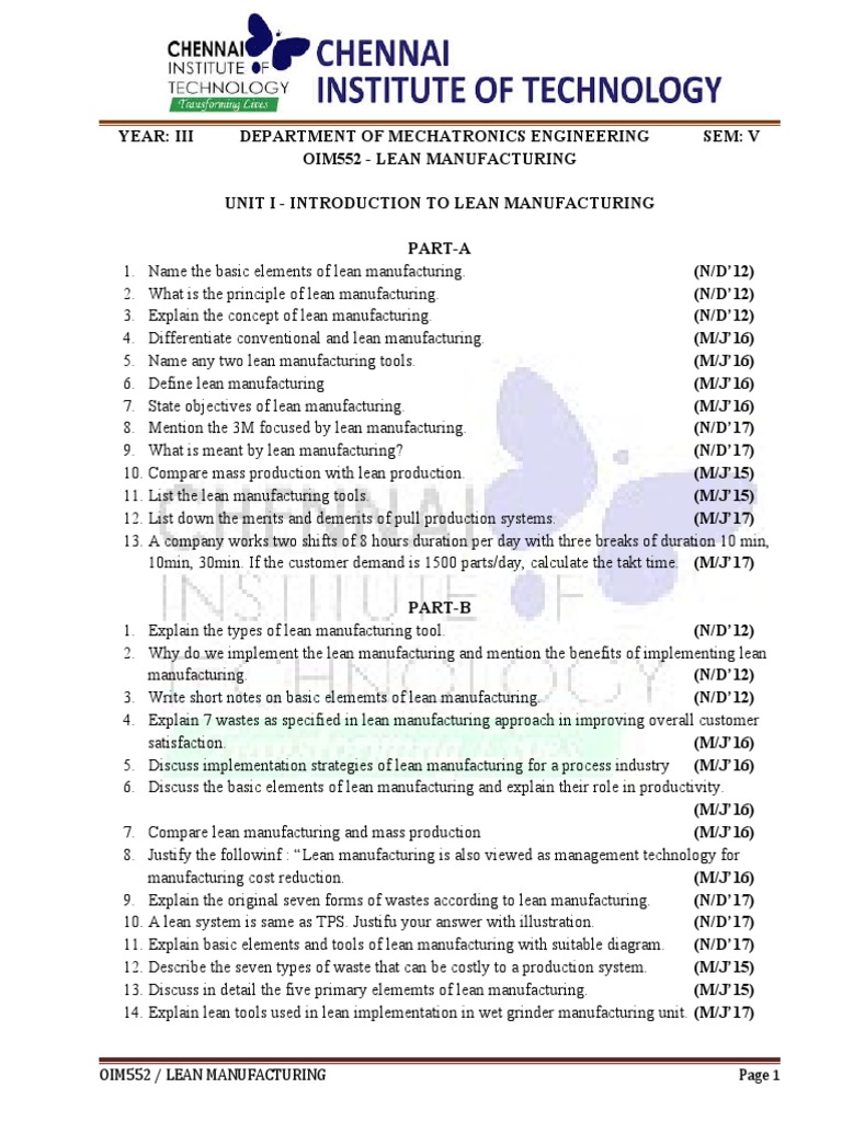 Oim552-Lean Manufacturing Question Bank | PDF | Lean Manufacturing ...