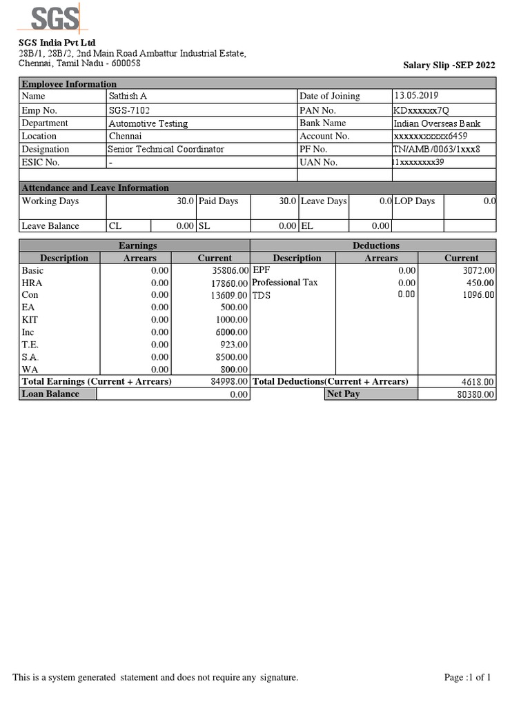 SGS Payslip September 2022 | PDF