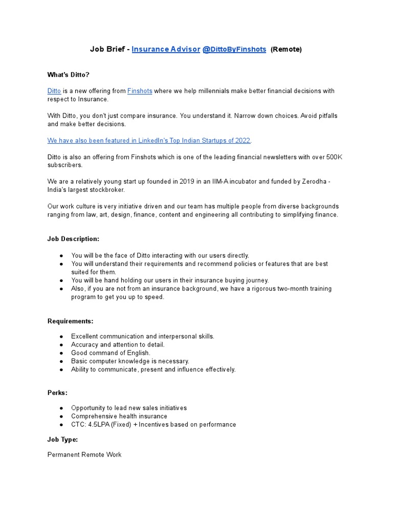 Insurance Advisor Job at Ditto by Finshots | PDF