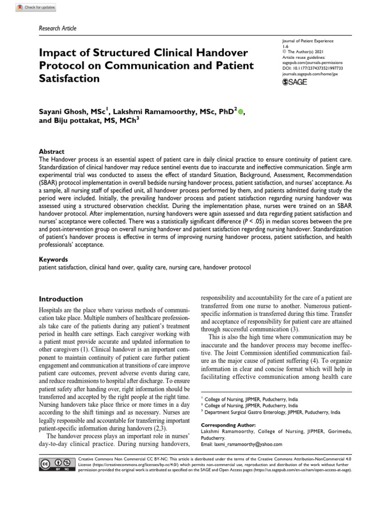 Impact of a Standardized SBAR Protocol on Nursing Handover Processes ...