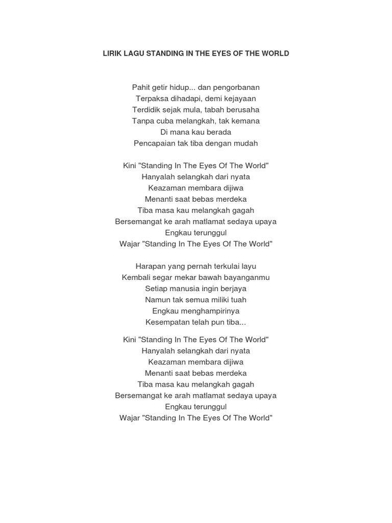 Lirik Lagu Standing in The Eyes of The World | PDF