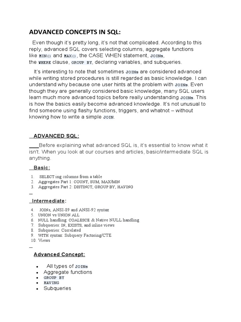 Advanced Concepts in SQL | PDF | Software Engineering | Computer ...
