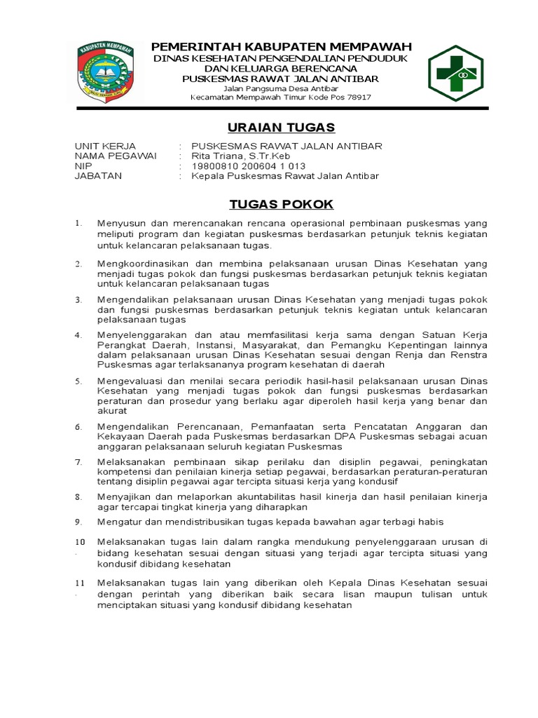 Uraian Tugas Puskesmas Antibar | PDF