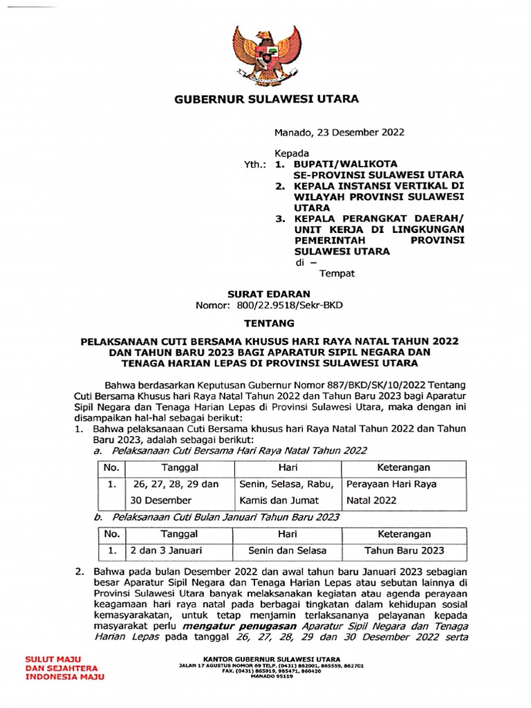 Surat Edaran Gubernur Sulut Cuti Bersama Natal 2022 Dan Tahun Baru 2023 | PDF