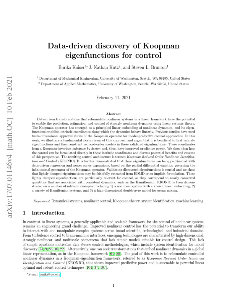 Data-Driven Discovery of Koopman Eigenfunctions For Control: Eurika Kaiser, J. Nathan Kutz, and ...