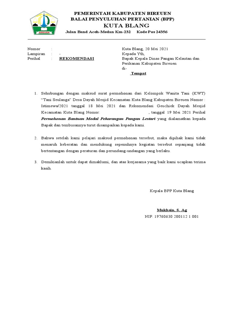 Kuta Blang: Pemerintah Kabupaten Bireuen Balai Penyuluhan Pertanian (BPP) | PDF