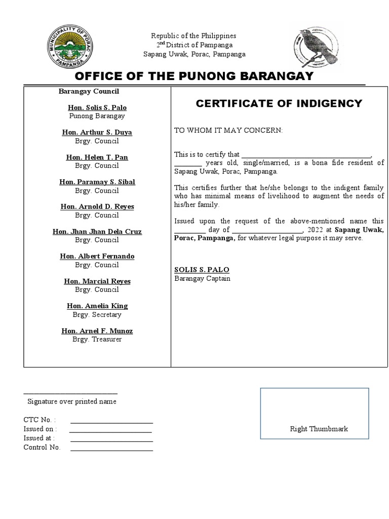 Barangay Certificate of Indigency Sample | PDF