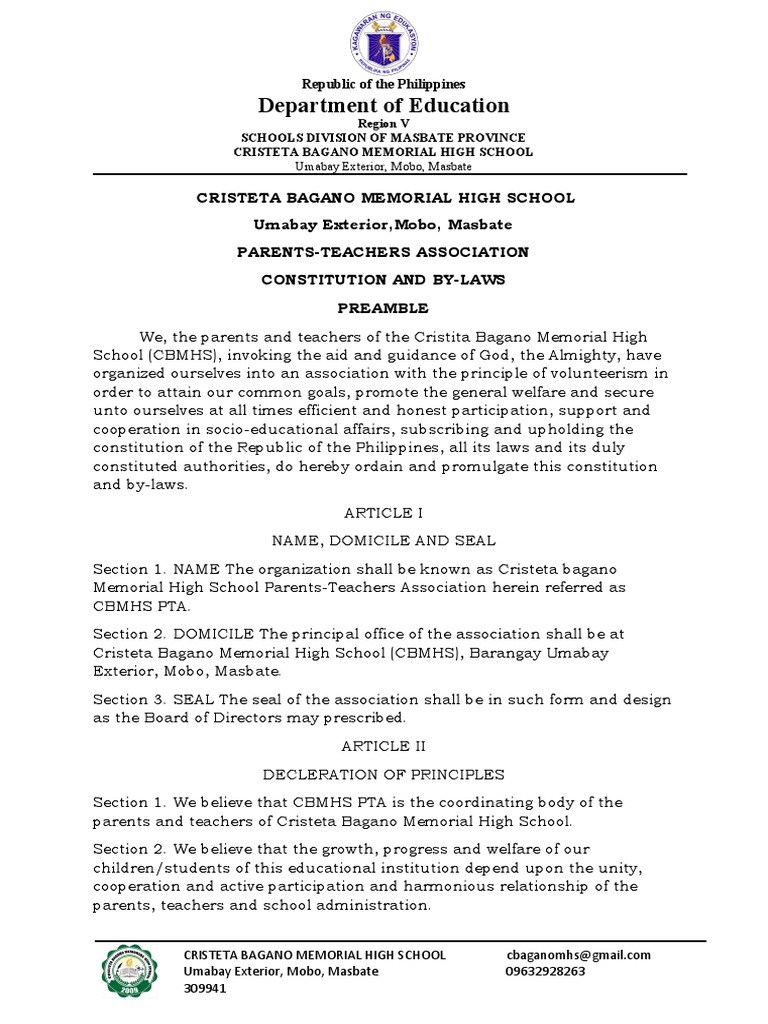 Constitution and By-Laws of the Cristeta Bagano Memorial High School ...