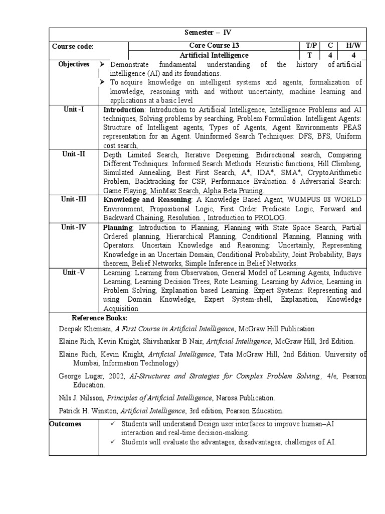 An Introduction to Artificial Intelligence: Objectives, Units of Study, References, and Learning ...