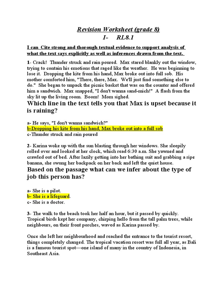 Grade 8 Textual Evidence Revision Worksheet | PDF | Grammar | Syntax