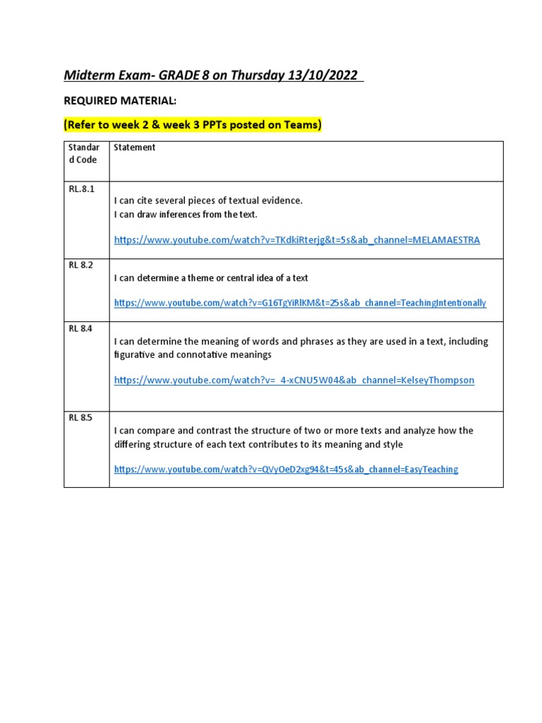 8th Grade Midterm Exam Overview | PDF
