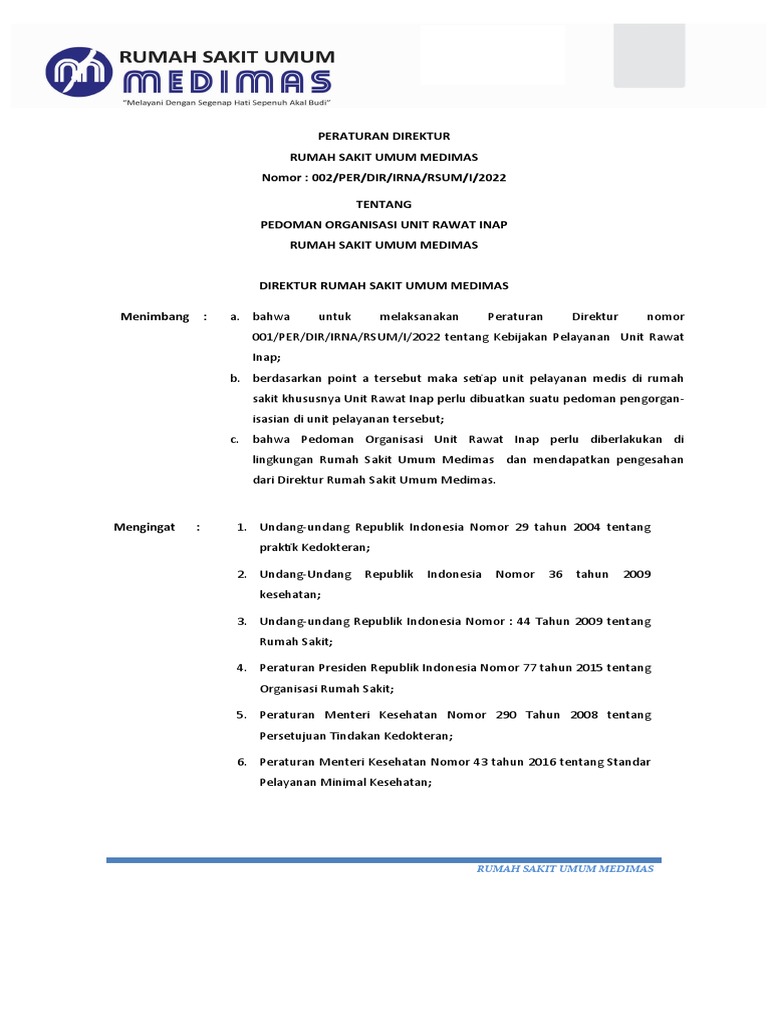 Pedoman Organisasi Unit Rawat Inap RS Medimas | PDF | Pengembangan Diri