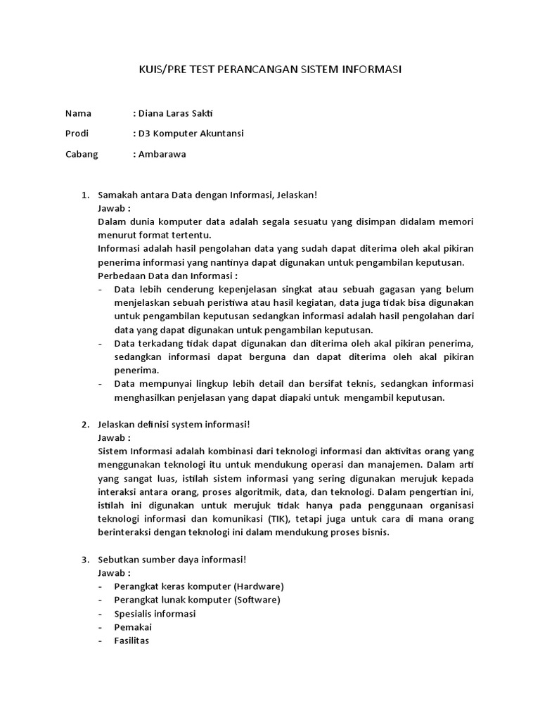Kuis Pre Test Sia - Diana Laras Sakti | PDF