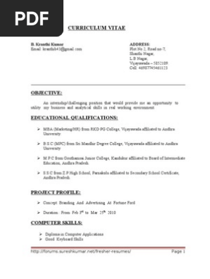 Objective For Mba Resume 5 MBA HR Fresher Resume Formats (Free