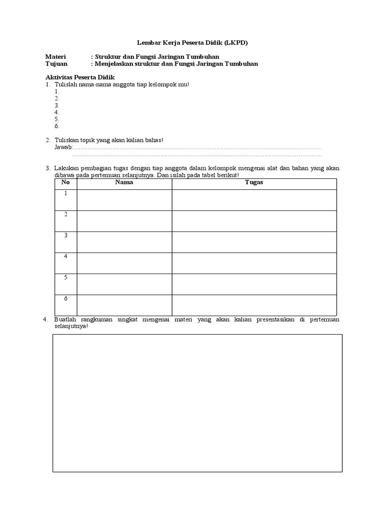 LKPD 1 (Struktur Dan Fungsi Jaringan Tumbuhan) | PDF | Karier & Perkembangan | Seni