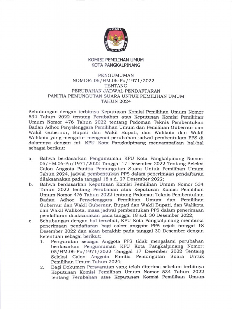 Perubahan Jadwal Pendaftaran Panitia Pemungutan Suara Untuk Pemilihan