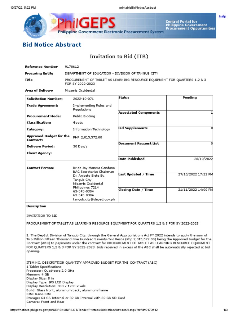 Itb - Rocurement of Tablet As Learning Resource Equipment For Quarters ...