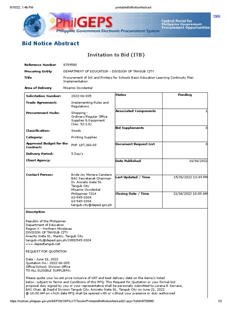 ITB - Procurement of Ink and Printers For Schools Basic Education ...