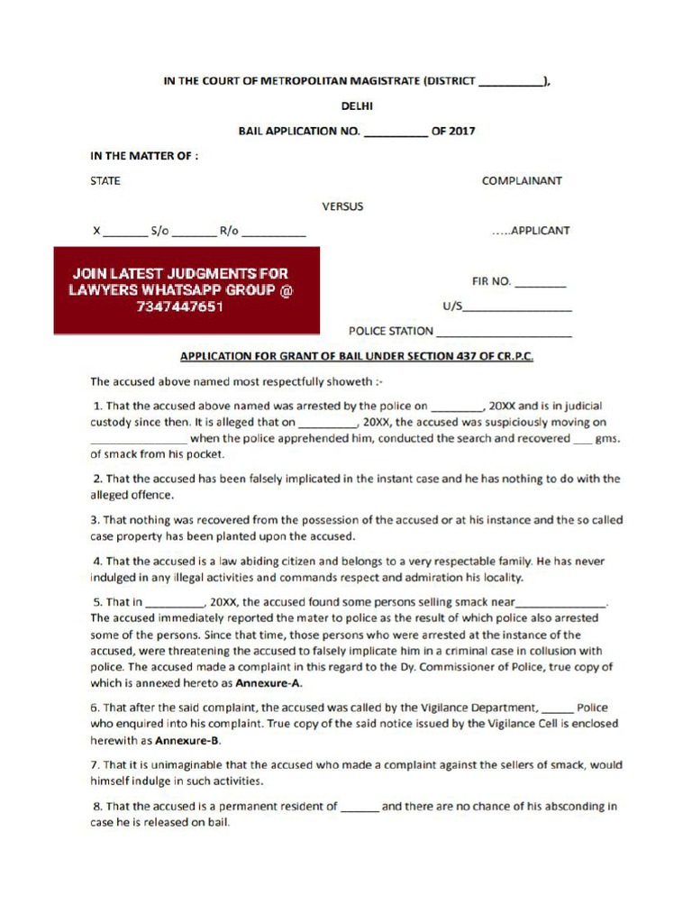 Format of Bail Application Under Section 437 of Cr.p.c. | PDF