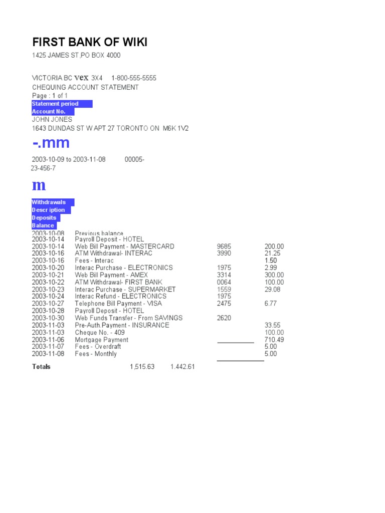 Bank Statement Chequing | PDF