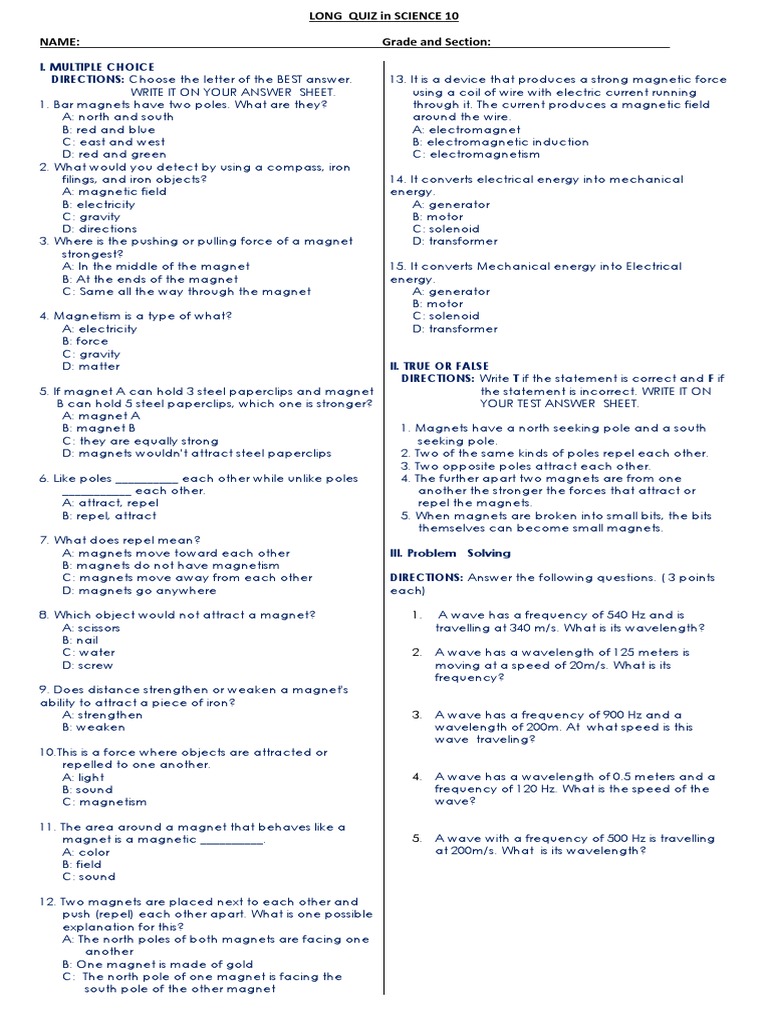 Science 10 Magnetism Quiz | PDF | Magnet | Magnetic Field
