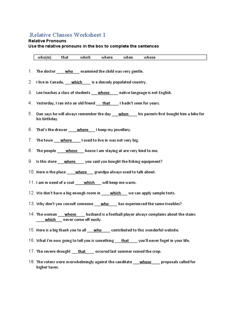 .Relative Clauses Worksheet 1: Relative Pronouns Use The Relative ...