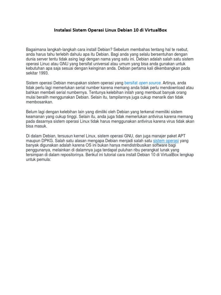 Instalasi Sistem Operasi Linux Debian 10 Di VirtualBox | PDF