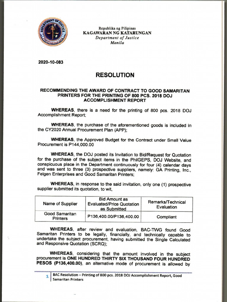 BAC Reso - Printing of 800 Pcs DOJ Accomplishment Report | PDF