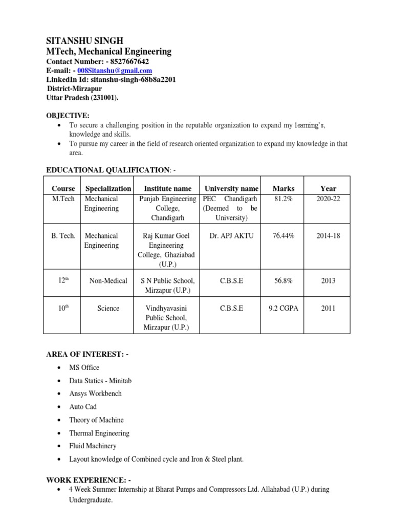 ResumeSitanshuSingh BE MTECH FRESHER | PDF | Engineering