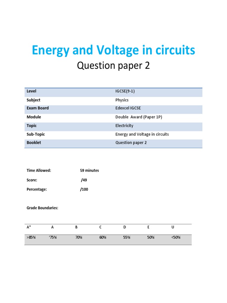 6.2 - Energy and Voltage in Circuits 1p - Edexcel Igcse Physics QP | PDF | Inductor | Flashlight