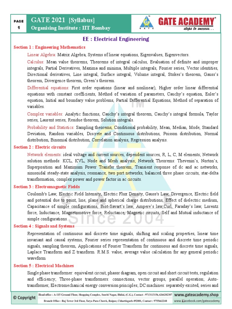 Gate 2021 EE Syllabus | Download Free PDF | Integral | Partial ...