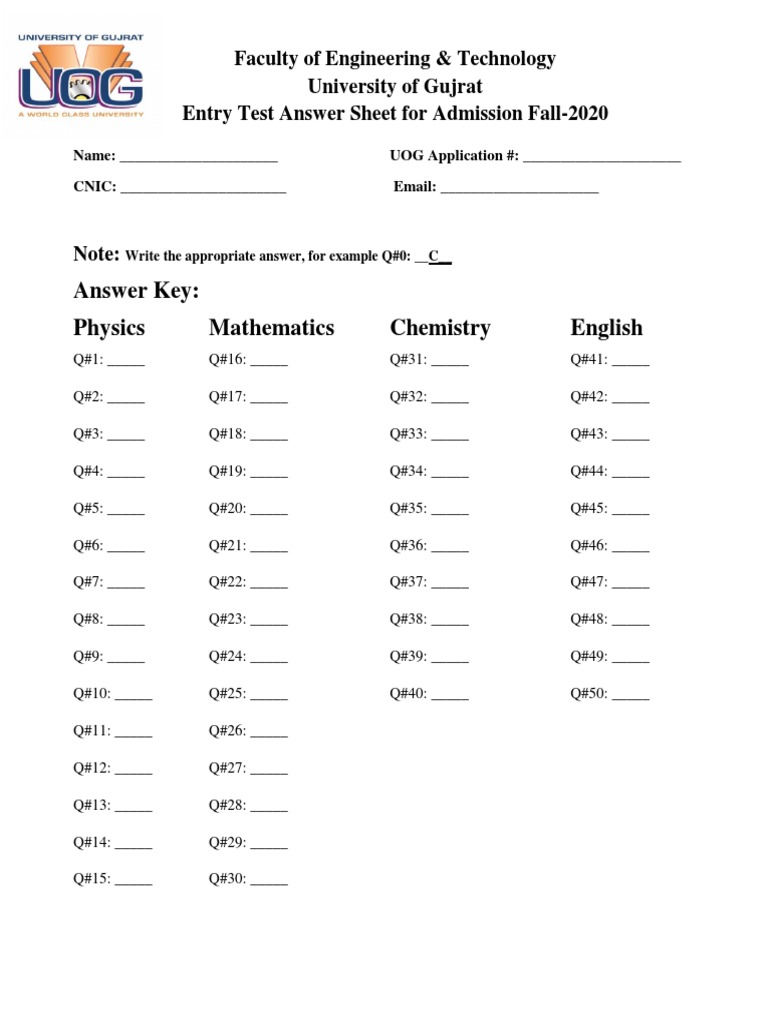 Answer Sheet Entry Test - UOG Fall 2020 | PDF