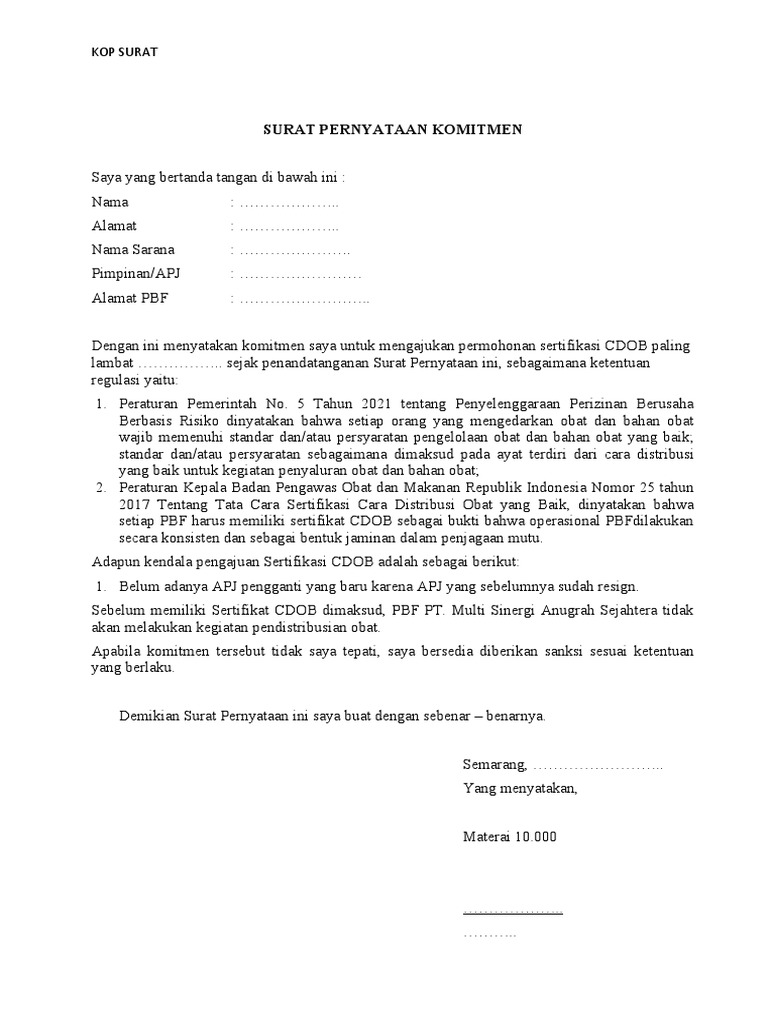 Surat Pernyataan Komitmen Bpom | PDF | Pengelolaan Keuangan & Uang
