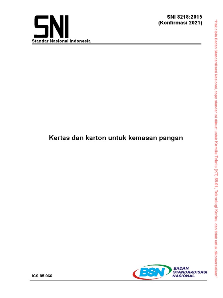 SNI 8218 - 2015 Kertas Dan Karton Untuk Kemasan Pangan - Konfirmasi 2021 Komtek | PDF