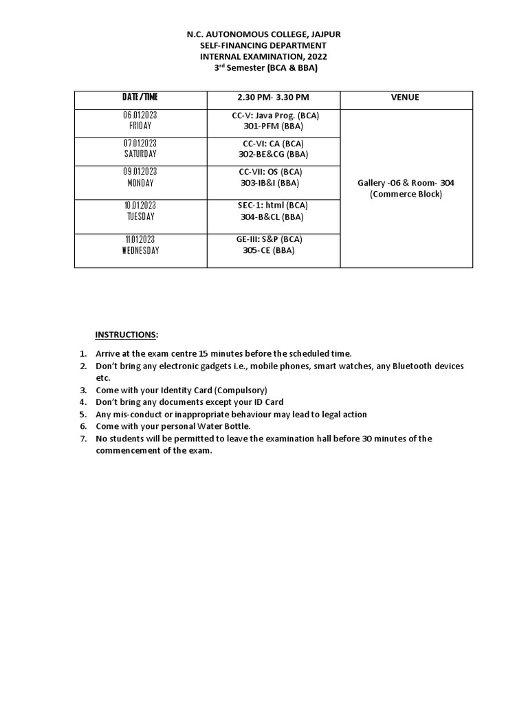 3rd SEMESTER INTERNAL EXAM SCHEDULE | PDF