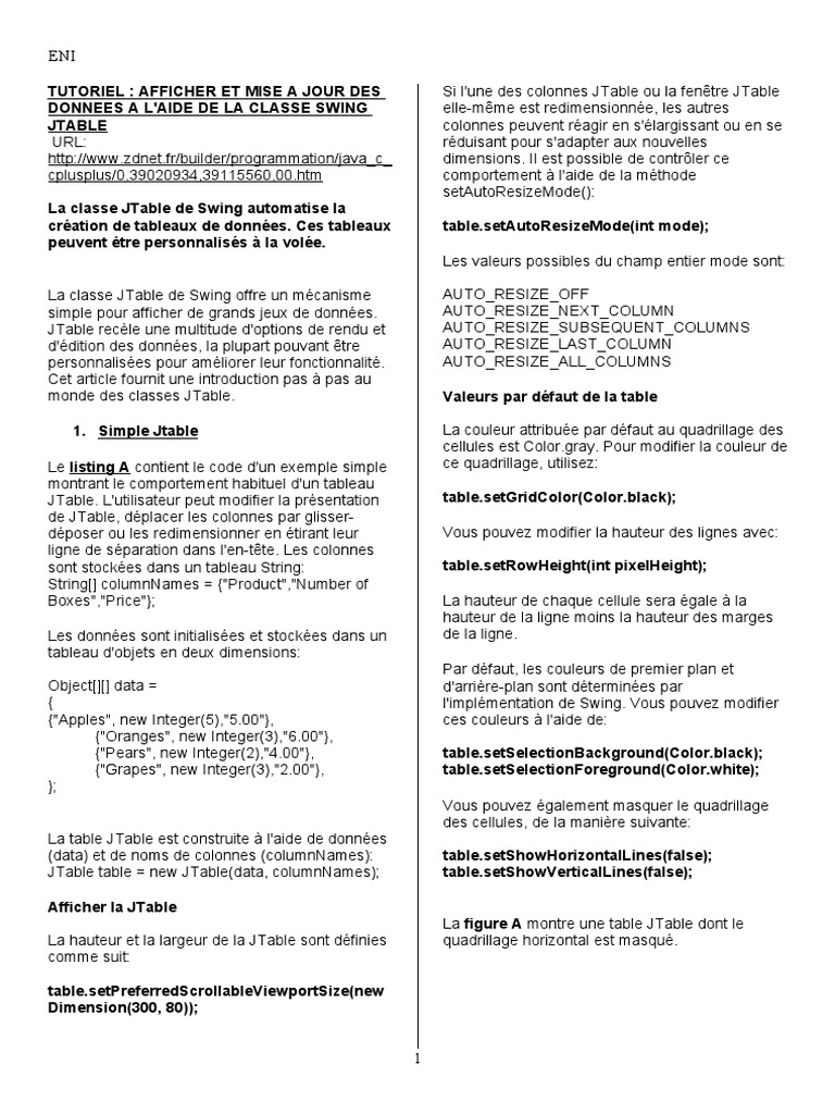 Tutoriel sur JTable en Java Swing | PDF | Classe (informatique) | Java (Langage de programmation)