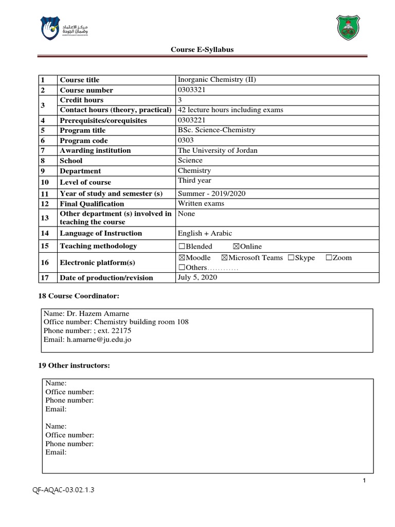 E-Syllabus Chem. 321 Inorganic Chemistry (II) | PDF | Coordination Complex | Chemical Bond